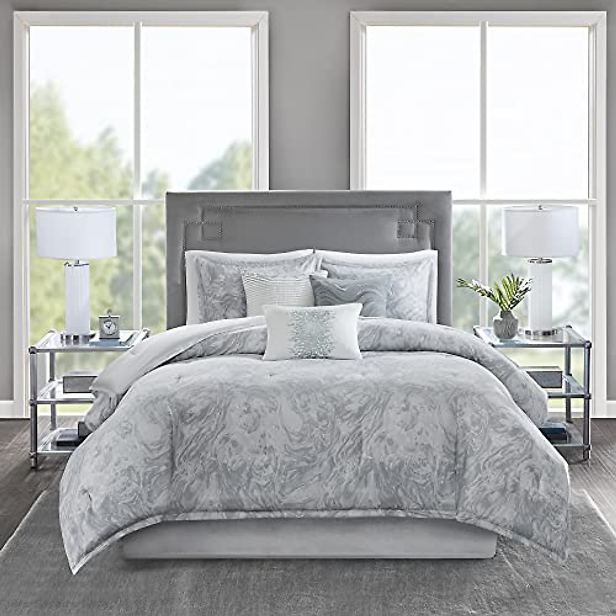 Madison Park Emory Cozy Cotton Comforter Set, Modern Marble Design All Season Down Alternative Casual Bedding with Matching Shams, Decorative Pillows, Queen(90"x90"), Grey 7 Piece