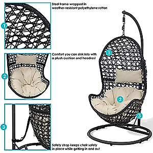 Sunnydaze Cordelia Hanging Egg Chair with Steel Stand Set - Resin Wicker - Outdoor Large Basket Design Patio Lounge Chair - Includes Beige Cushion and Headrest