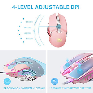 Gaming Keyboard and Mouse,Soke-Six 2.4G Wireless Retro Punk Typewriter-Style Backlit Keyboard Mice Combo,4800mAh Battery,Mechanical Feel,Anti-ghosting,Crystal Panel Round Keycaps (Pink+White Light)