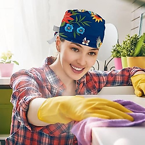 2-Pc Scrub Hats Women Bouffant Hats,Work Hat with Buttons and Cotton Sweatband,Retro Birds Wedding