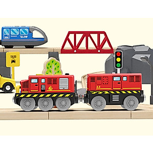 Wooden Train Track Accessories Battery Operated Locomotive Train, Motorized Train for Toddlers with Magnetic Connection, Powerful Engine Train Vehicles (Red Battery Operated Train with Lights)