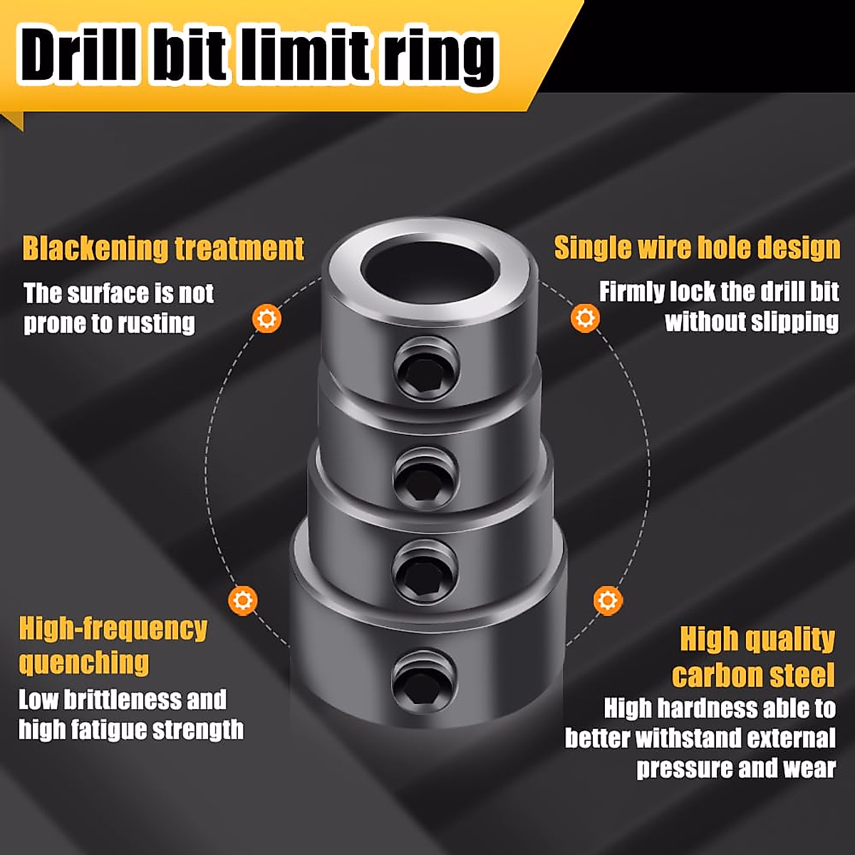 Depth Stop Drill Bit,Stop Collar Set Includes 1/8”, 3/16”, 1/4”, 5/16”, 3/8”, 7/16”, 1/2”, 5/8”and Allen Wrench(9Pcs), Premium High Carbon Steel Drill Bit Positioning Ring Split Ring- Tiosamd