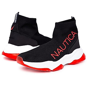 Nautica Men's High Top Sneakers Breathable Knit with Socks Ankle Support Slip-On Tennis Comfort Shoes for Fashion Gym Sports-Bowen Mens-Black Red-Size 13