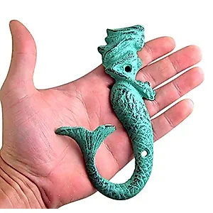 Patina Green Cast Iron Mermaid Wall Hook 6 Inch (Set of 4)