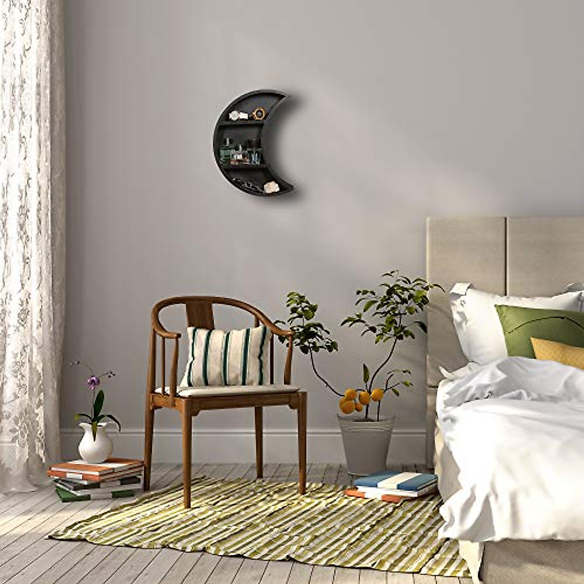 RUSTIX Rustic Black Crescent Moon Shelf - Wall Mounted Hanging Floating Shelves for Essential Oil Display or Crystal Holder - Moon Phase Hippie Celestial Boho Nursery Decor - Gothic Witchy Room Decor