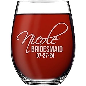 Set of 1, 2, 3, 4, 5, 6, 7, 8 Custom Etched Bride, Bridesmaid Stemless Wine Glasses - Personalized Wedding Party Glass Gifts - Feather Tip Style (1)