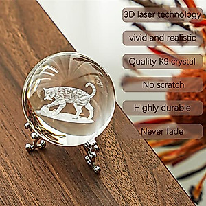 HDCRYSTALGIFTS 3D Crystal Ball with Silver-Plated Flowering Stand 2.4inch Laser Engraved Crystal Decorative Ball Glass Sphere for Home Decor Gift (Cat and String)
