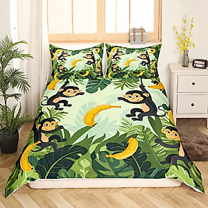Erosebridal Monkey Bananas Bedding Set for Kids Toddler Nursery Cute Zoo Animal Comforter Cover, Botanical Leaves Palm Leaf Duvet Cover Nature Wildlife Bed Cover Twin Size with 1 Pillowcase