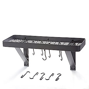 Old Dutch Graphite Wall Mount Bookshelf Grid & 8 Pot Rack with Hooks
