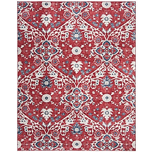 SAFAVIEH Brentwood Collection 8' x 10' Red / Ivory BNT894R Floral Distressed Non-Shedding Living Room Bedroom Dining Home Office Area Rug