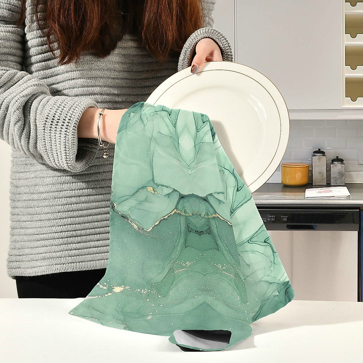 Kigai Kitchen Dish Towels Abstract Marble Mint Green Soft Tea Towel Set of 6 Absorbent Dishcloths Hand Towels for Dish Clean Cloth 28" x 18"