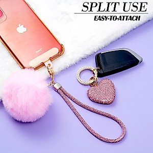 HONYJOOM Pink Heart Keychains for Women, Cute Bling Wristlet Accessories Girly Aesthetic Key Chain Charms for Car Keys, Backpack Puff Ball