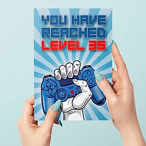 35th Birthday Card, You Have Reached Level 35, Greeting Card for Thirty-Five Year Old Gamer Birthday Gift for Adult Son or Daughter, For Him Her Grandson Granddaughter, Blue