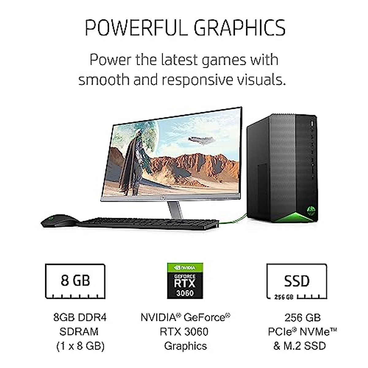 HP Pavilion Gaming Desktop, NVIDIA GeForce GTX 1650, Intel Core i5-10400F, 8 GB DDR4 RAM, 256 GB PCIe NVMe SSD, Windows 11, USB Mouse and Keyboard, Compact Tower Design (TG01-1020, 2020)