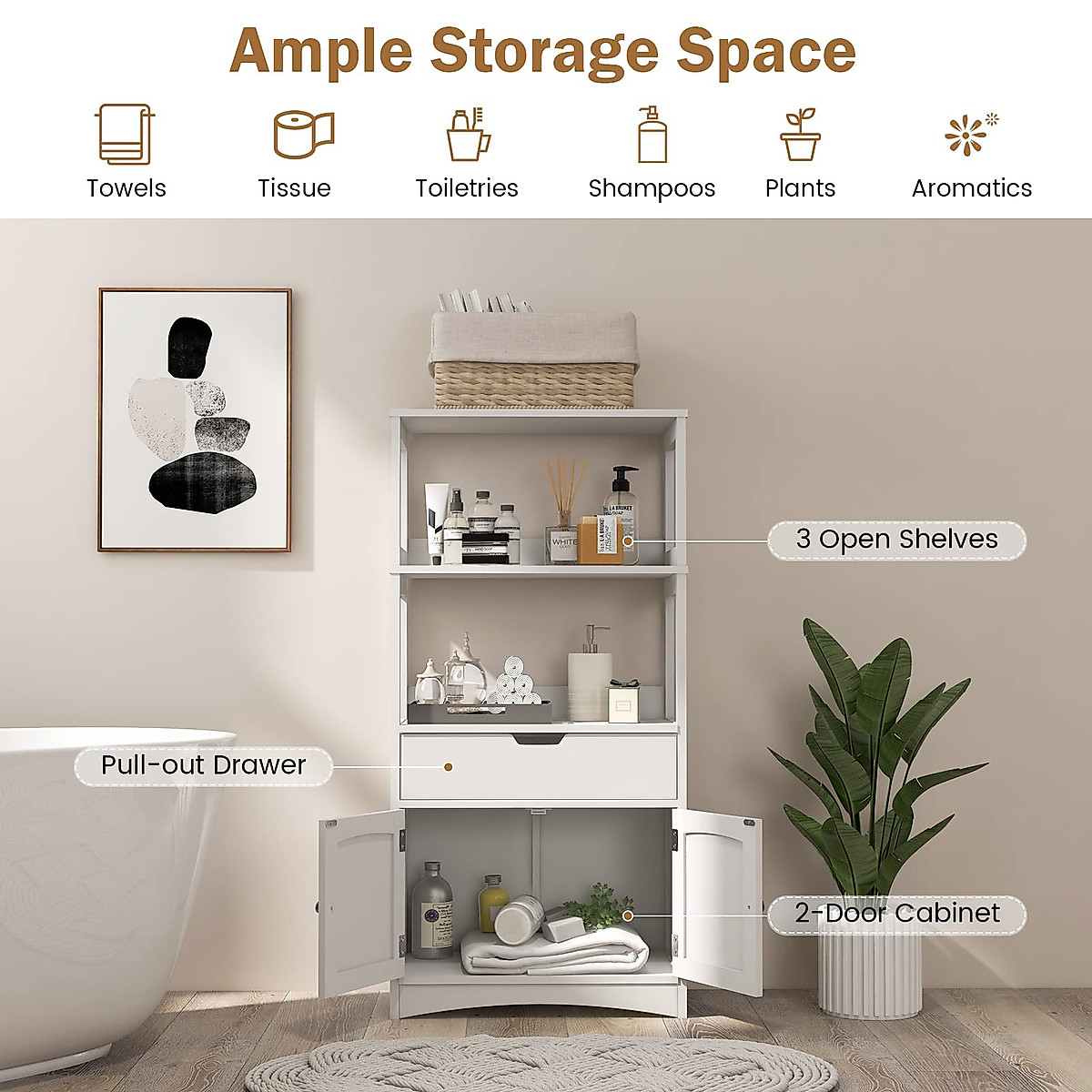 GLACER Large Bathroom Floor Cabinet, Freestanding Multipurpose Storage Cabinet with Drawer, 2 Open Shelves and Door Cupboard for Bathroom, Kitchen or Living Room, 24 x 13 x 48 inches (White)