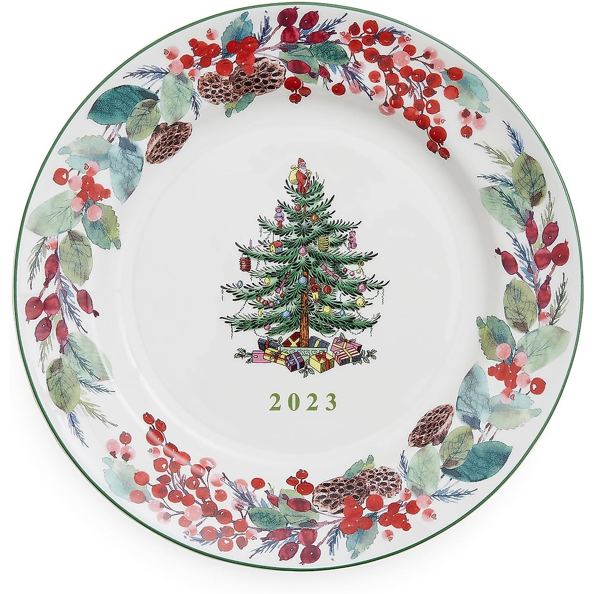 Spode Christmas Tree Collector's Plate, 8-Inch Porcelain Dinner & Appetizer Plate, Holiday-Themed Serving Plate, Microwave & Dishwasher Safe, Festive Collectible Seasonal Dining Plate