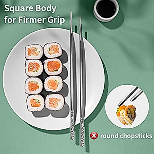 6 Pairs Reusable Metal Chopsticks Stainless Steel Chopsticks Dishwasher Safe Laser Etched Square Non-slip Chop Sticks Korean Japanese Chinese Stainless Steel Metal Chopsticks (Matte Silver, 9.2in)