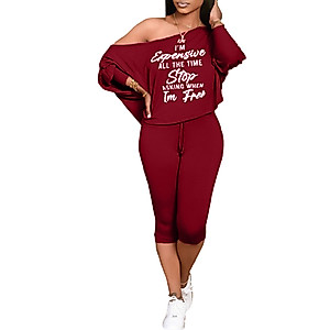 Plus Size Women’s Tracksuit Set 2 Piece Off One Shoulder Pullover Top Drawstring Capri Pants Sportswear Outfits Pajamas Wine Red-L