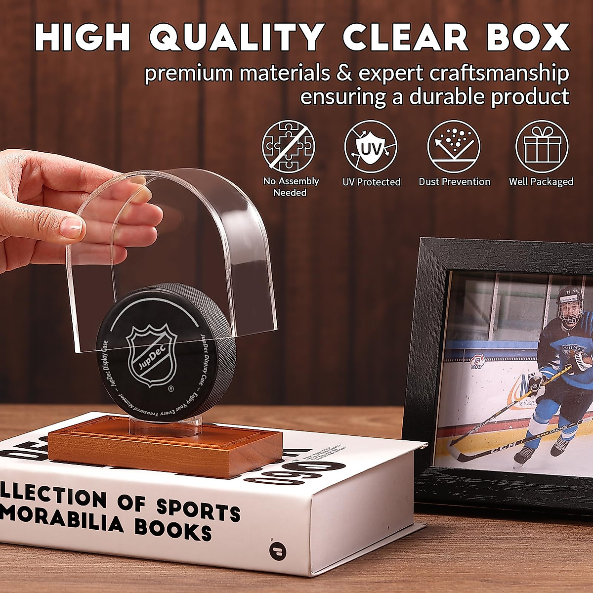 JupDec Hockey Puck and Collectibles Display Case, Premium Acrylic Clear Box Puck Holder with Mahogany Wood Base, Showcase for Autographed Souvenir Memorabilia, Collectible Figure Stand