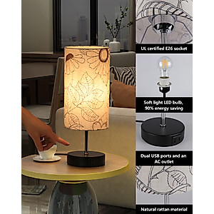 Lanmonlily Touch Control Desk Lamp with 2 USB Ports, 3-Way Dimmable Bedside Lamp for Bedroom, Nightstand Lamp with Round Flower Fabric Shade for Living Room, Home Office (E26 LED Bulb Included)