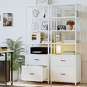 IRONCK Industrial Bookcase with File Cabinet Drawers, 71.6 in Tall Bookshelf 5 Tier, Freestanding Storage Home Office Cabinet Organizer, Rustic Home Decor, White