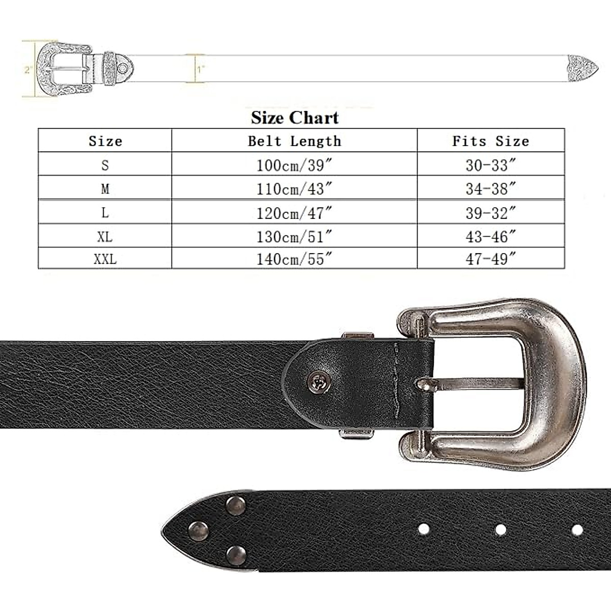 WHIPPY Western Belts for Women - Vintage Western Design Ladies Cowgirl Waist Belt for Pants Jeans Dresses (Black, Fit Waist 30-34 Inches)