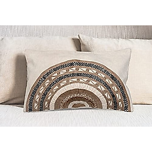Bloomingville Rustic Boho Decorative Cotton and Linen Lumbar Embroidered Abstract Sunrise Pattern Pillow, Multicolored