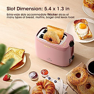 iSiLER 2 Slice Toaster, 1.3 Inches Wide Slot Bagel Toaster with 7 Shade Settings and Double Side Baking, Compact Bread Toaster with Removable Crumb Tray, Defrost Cancel Function Pink