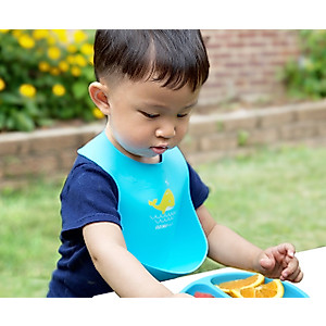 YMCF Products 2-Pack Waterproof Silicone Baby Bib Lightweight Comfortable Easy-Wipe Clean (Green/Blue, Small)