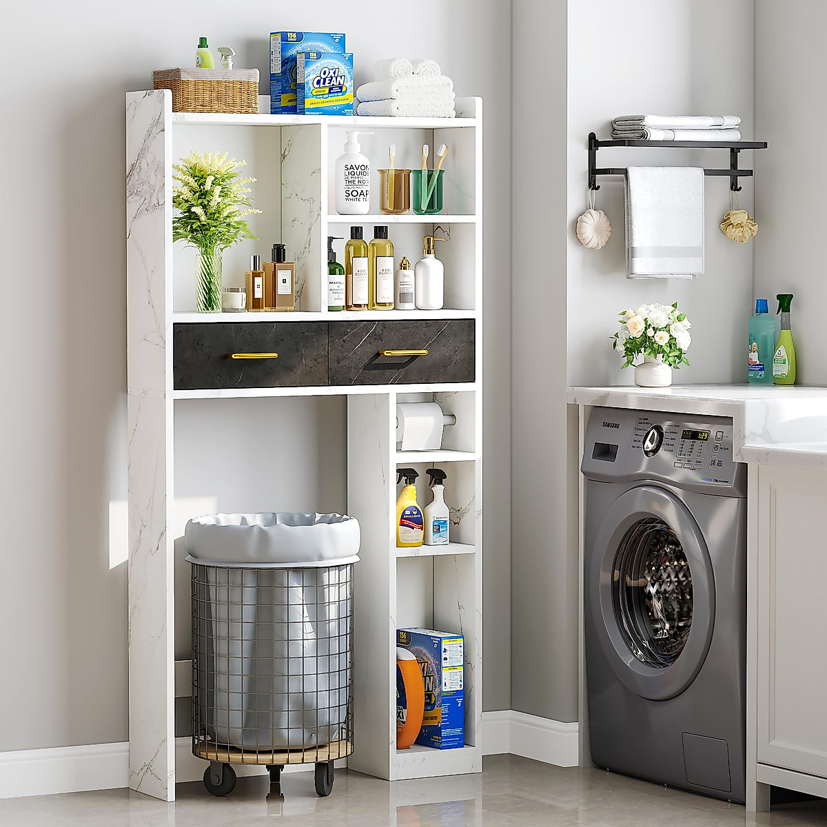 YITAHOME Over The Toilet Cabinet for Bathroom Storage, Above Toilet Storage with Drawers, Side Shelf, Tissue Reel, Over The Toilet Shelves Space Saver Cabinet for Bathroom Laundry Room, White