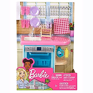 Barbie Indoor Furniture Playset, Kitchen Dishwasher with Working Door and Pull-Out Tray, Plus Dishes and Washing Accessories