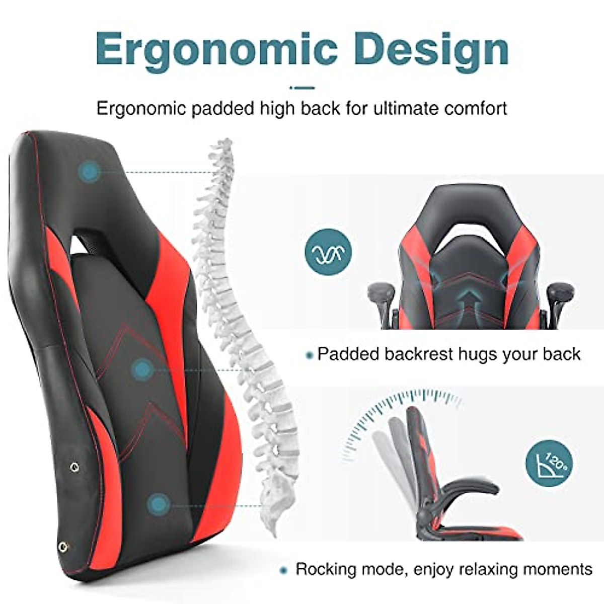 Office Chairs - Ergonomic Gaming Executive Desk Chairs with Flip-up Armrests and Lumbar Support, Adjustable Swivel Rolling Chair, Red