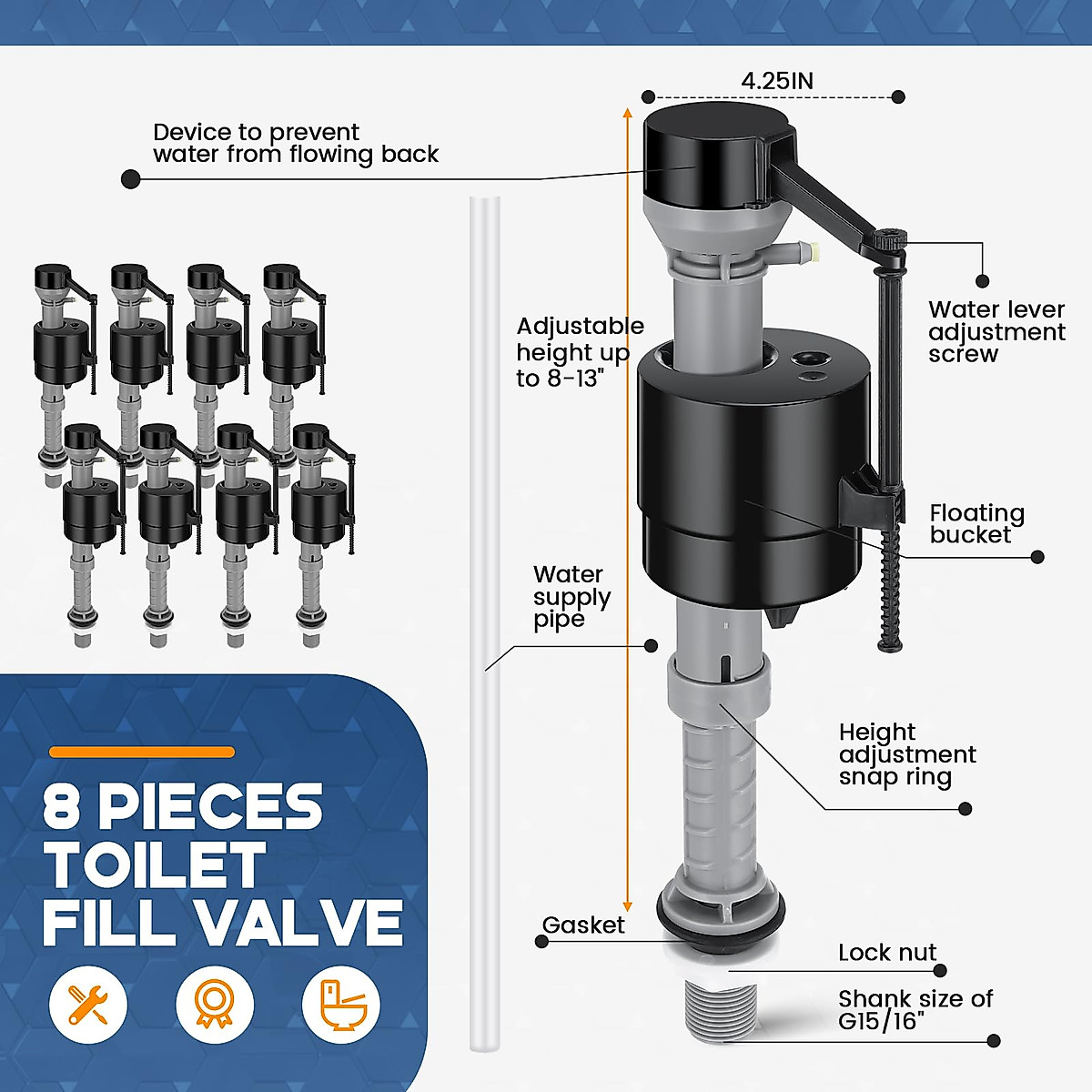 Lasnten 8 Pieces Toilet Fill Valve Toilet Tank Replacement Kit Toilet Valve Replacement Kit Toilet Flush Valves Toilet Parts Inside Tank for Tank and Bowl Water Control