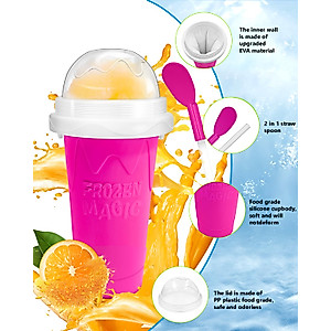 Slushy Maker Cup, DIY Magic Slushy Maker Squeeze Cup, Portable Smoothie Squeeze Cup for Juices, Milk and Ice Cream Make, Double Layers Silica Cup with Lid & Straw for Kids, Friends, Family (Pink)1