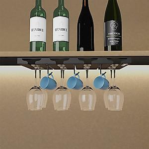 CHILLEX MART - Wine Glass Holder Under Cabinet & Shelf, Wine Glass Hangers Stemware Wine Rack, Hanging Wine Glass Rack with 3 Free Mug Hooks for Kitchen & bar Restaurant Storage (Black, 4 Rows)