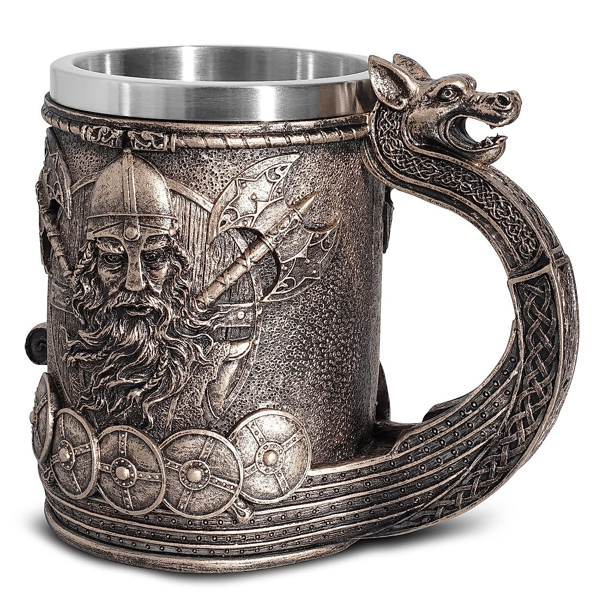 Ottalent Noric Viking Ship Draon Drakkar Beer Mug Stainless Steel Liner, Bronze Color Viking Warrior Coffee Cup Stein for Collectible Gift 17oz.