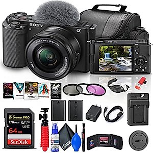 Sony ZV-E10 Mirrorless Camera with 16-50mm Lens (Black) (ILCZV-E10L/B) + 64GB Memory Card + Filter Kit + Corel Photo Software + Bag + NPF-W50 Battery + External Charger + Card Reader + More (Renewed)