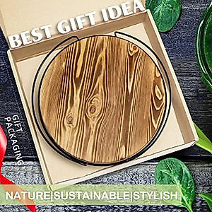 12 Inch Wood Lazy Susan Turntable for Table, Kitchen Rustic Turntable Organizer with Steel Frame, 360 Degree Decorative Turntable for Countertop Cabinet or Centerpieces