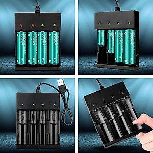 18650 Battery Charger 4 Bay Smart Universal Charger for 3.7V Rechargeable Lithium Li ion Batteries Compatible 18650 26650 21700 10400 14500 16340 16650 18500 Battery Charger (Only USB Charger)
