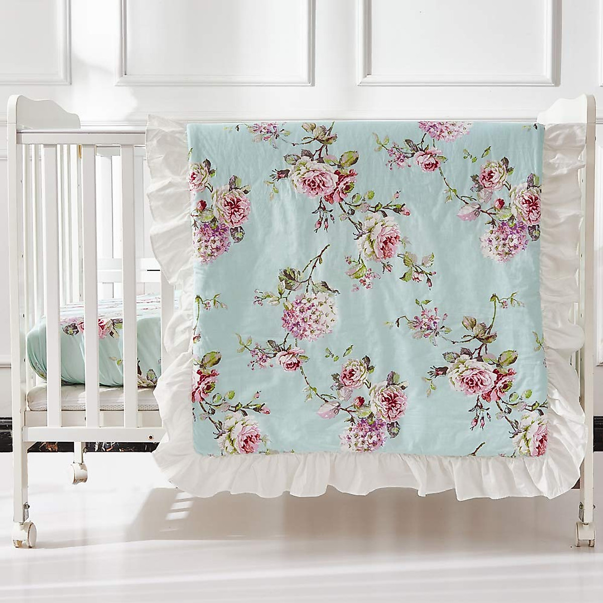 Brandream French Country Crib Bedding Set for Girls | 3 Piece Floral Nursery Set | Ruffled Baby Comforter, Crib Sheet, Crib Bed Skirt Included