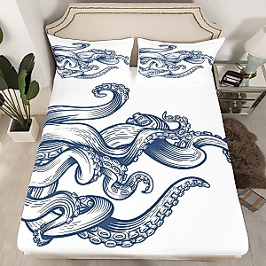 Kids Octopus Fitted Sheet Ocean Kraken Bed Sheet Set for Boys Girls Tentacles Decor Bedding Set Sealife Sea Animal Bed Cover Bedroom 3Pcs Full Size