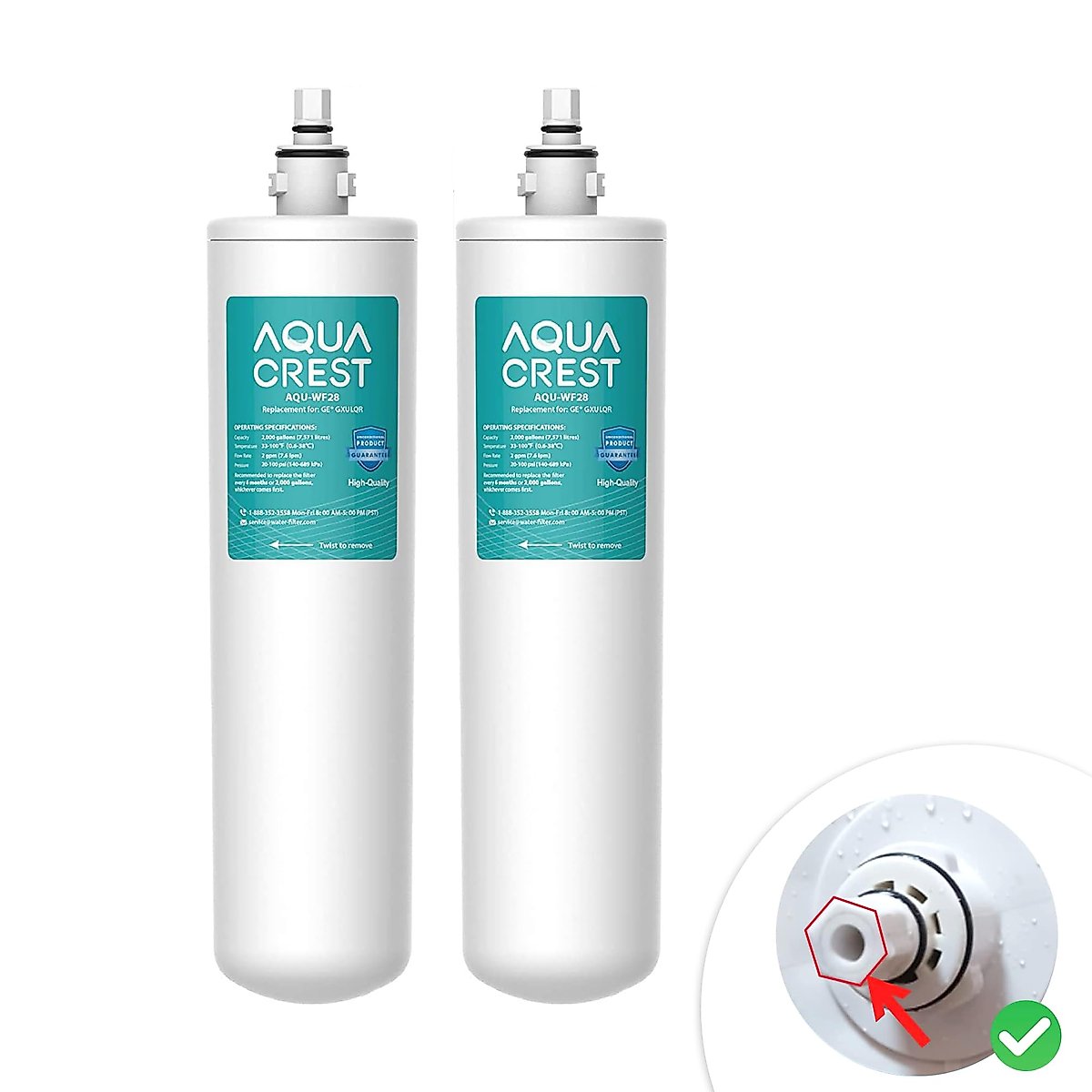AQUA CREST GXULQR, FQK1R Under Sink Replacement Filter, Replacement for Hexagonal Head GE SmartWater GXULQR, GXULQK and GXK140TNN, 2K Gallons (Pack of 2)