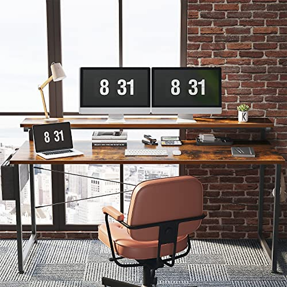 ODK Computer Desk with Adjustable Monitor Shelves, 63 inch Home Office Desk with Monitor Stand, Writing Desk, Study Workstation with 3 Heights (10cm, 13cm, 16cm), Rustic Brown