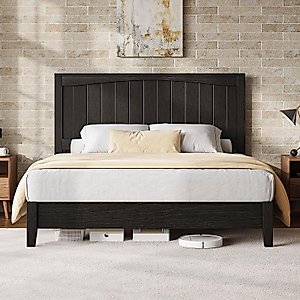 YUMPIE Queen Size Solid Wood Bed Frame with 48" High Headboard, Mid-Century Modern Wooden Platform Bed Frame, Metal & Wooden Slats Support, No Box Spring Needed/Noise Free, Black