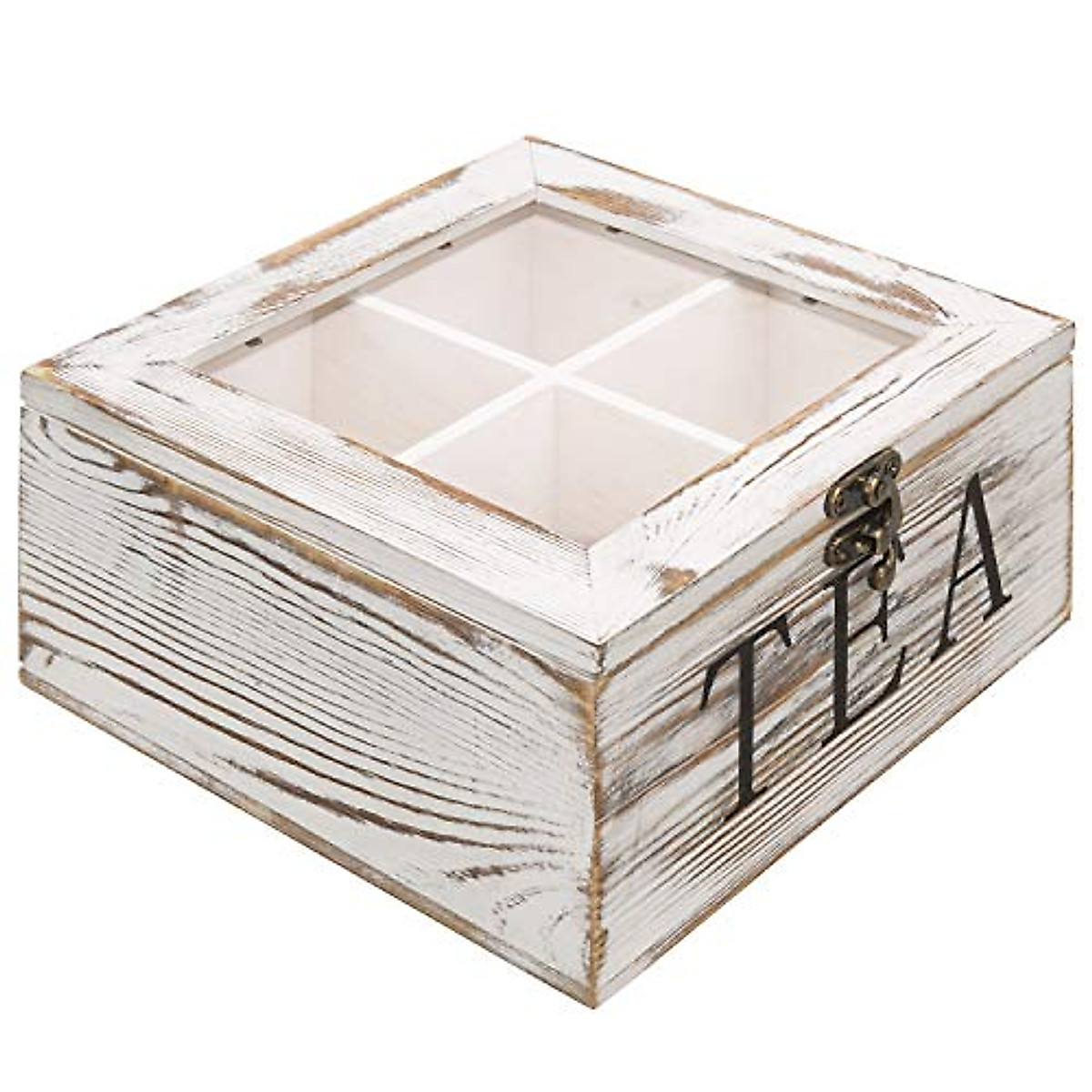 MyGift Shabby Whitewashed Solid Wood Tea Box Organizer with 4 Compartments, Teabag Storage Chest with Clear Acrylic Lid and Latch