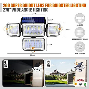 SOARCHICK 4 Heads Solar Outdoor Lights IP65 Waterproof Solar Powered Motion Sensor Security Lights 288 LED 3000LM Outdoor Flood Lights Adjustable Wide Angle for Yard Garden Garage Pathway Patio 1 Pack