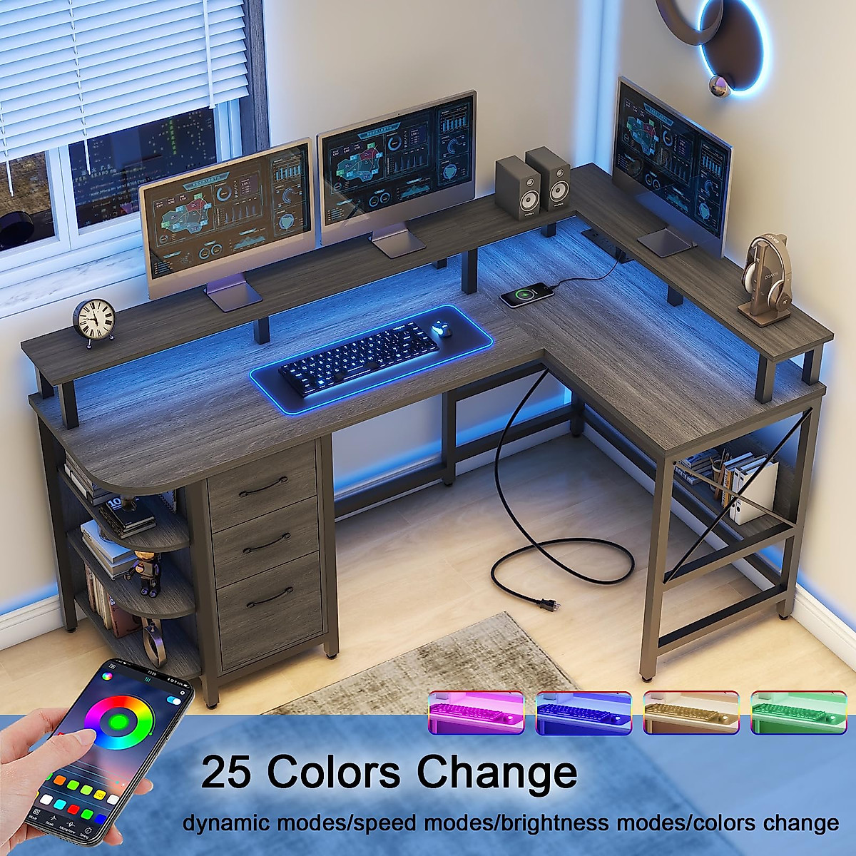 Vabches 67" L Shaped Computer Desk with LED Lights and Power Outlets, Reversible L Shaped Gaming Desk with 3 Drawers Hutch Monitor Stand, Home Office Desk with USB Port
