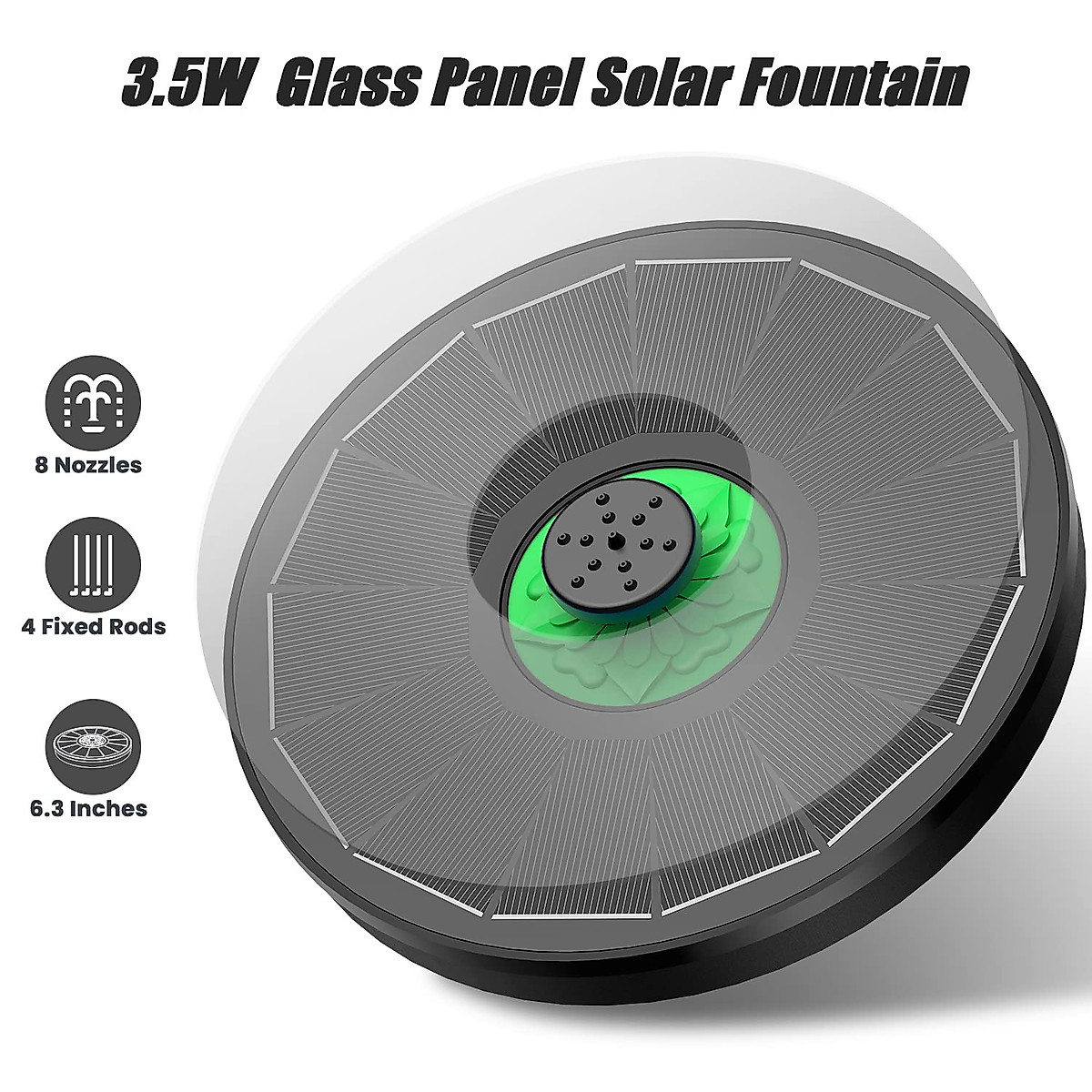 Yzert Solar Fountain Full Glass Black Panel No Battery, 3.5W Bird Bath Fountains Solar Power with 4 Fixed Rods & 7 Nozzles, Solar Fountain Pump for Bird Bath, Pool, Garden, Outdoor, Pond