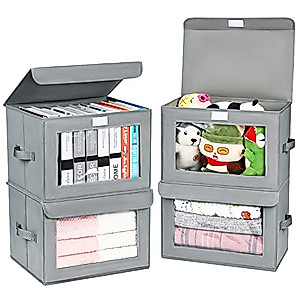 DIMJ Storage Bins with Handles and Lids, 4 Packs Fabric Baskets for Organizing, Foldable Storage Cubes with Clear window, Decorative Storage Boxes for Home, Office, Large, Light Grey