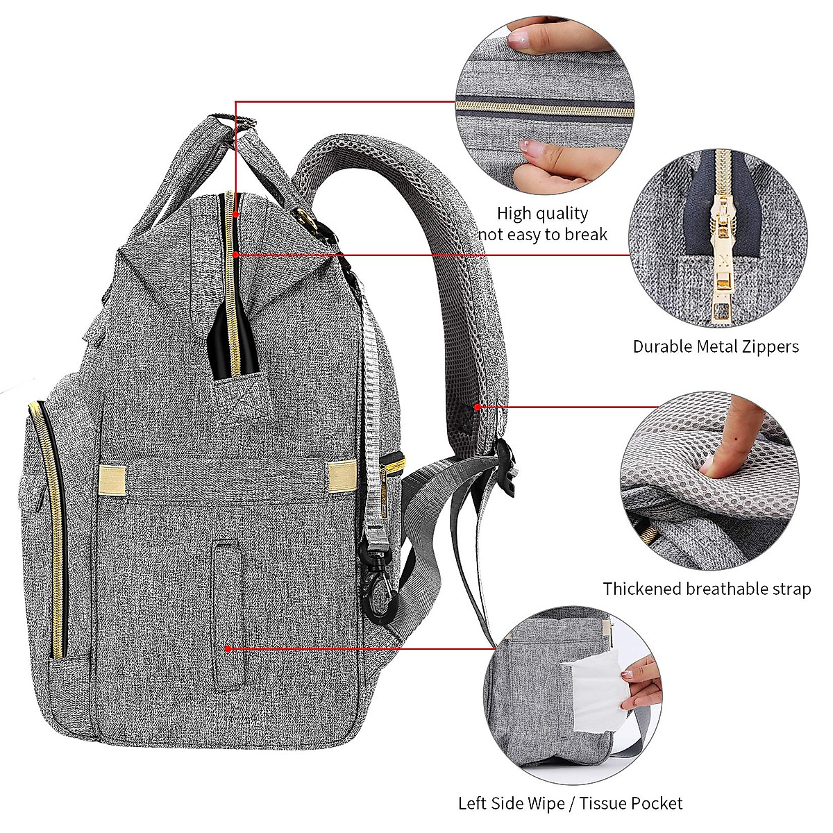 Diaper Bag Backpack Nappy Bags for Mom and Dad Diaper Bag with USB Charging Port Stroller Straps Thermal Pockets,Water Resistant, New Gray